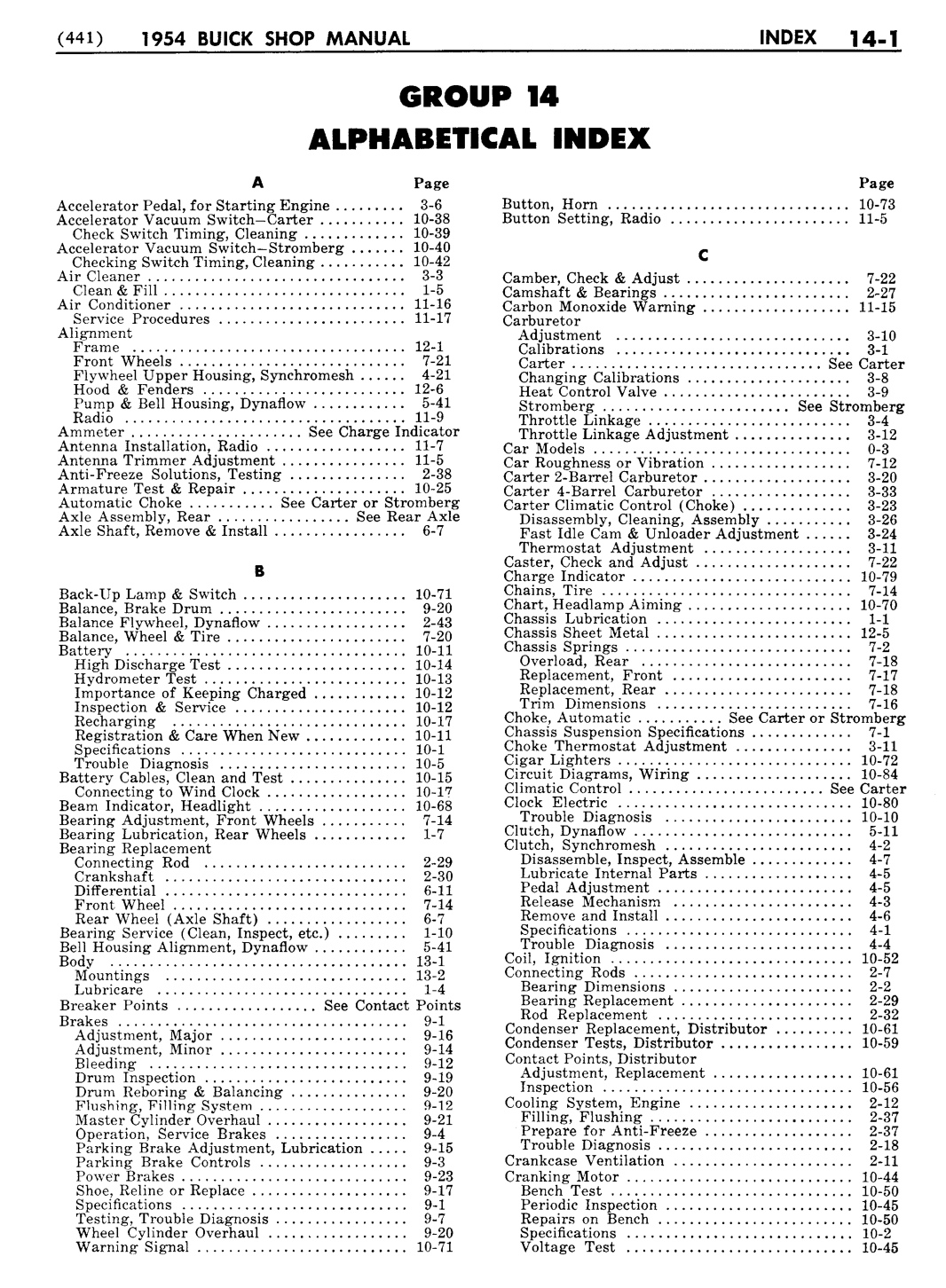 1954 Buick Shop Manual - Index Page 1 of 4